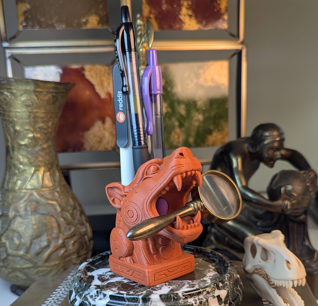 Mayan Jaguar Head Pen Holder – 3D Printed Desk Organizer, Terracotta ...