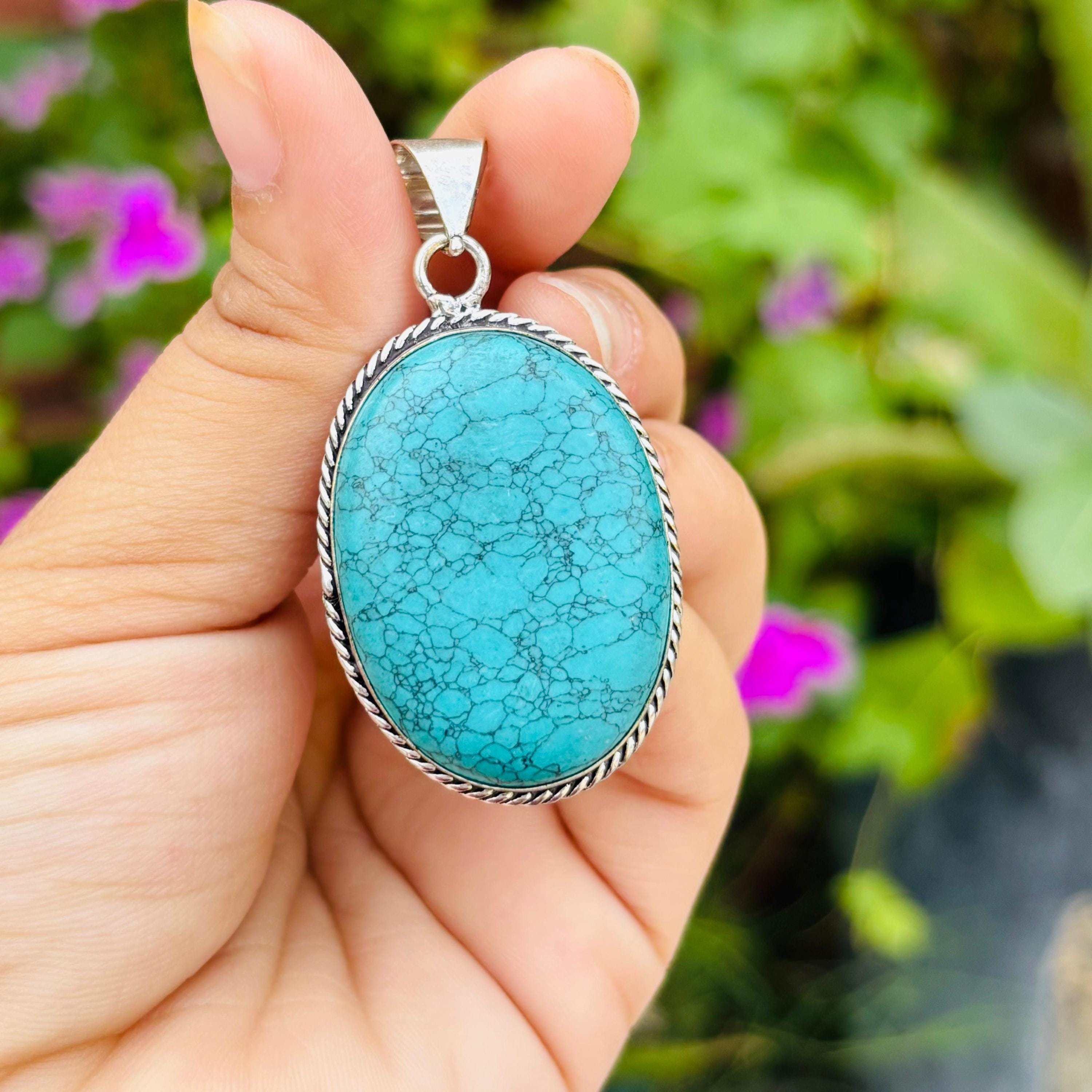 Blue Turquoise Pendant, 925 Sterling Silver Pendant, Oval Gemstone ...