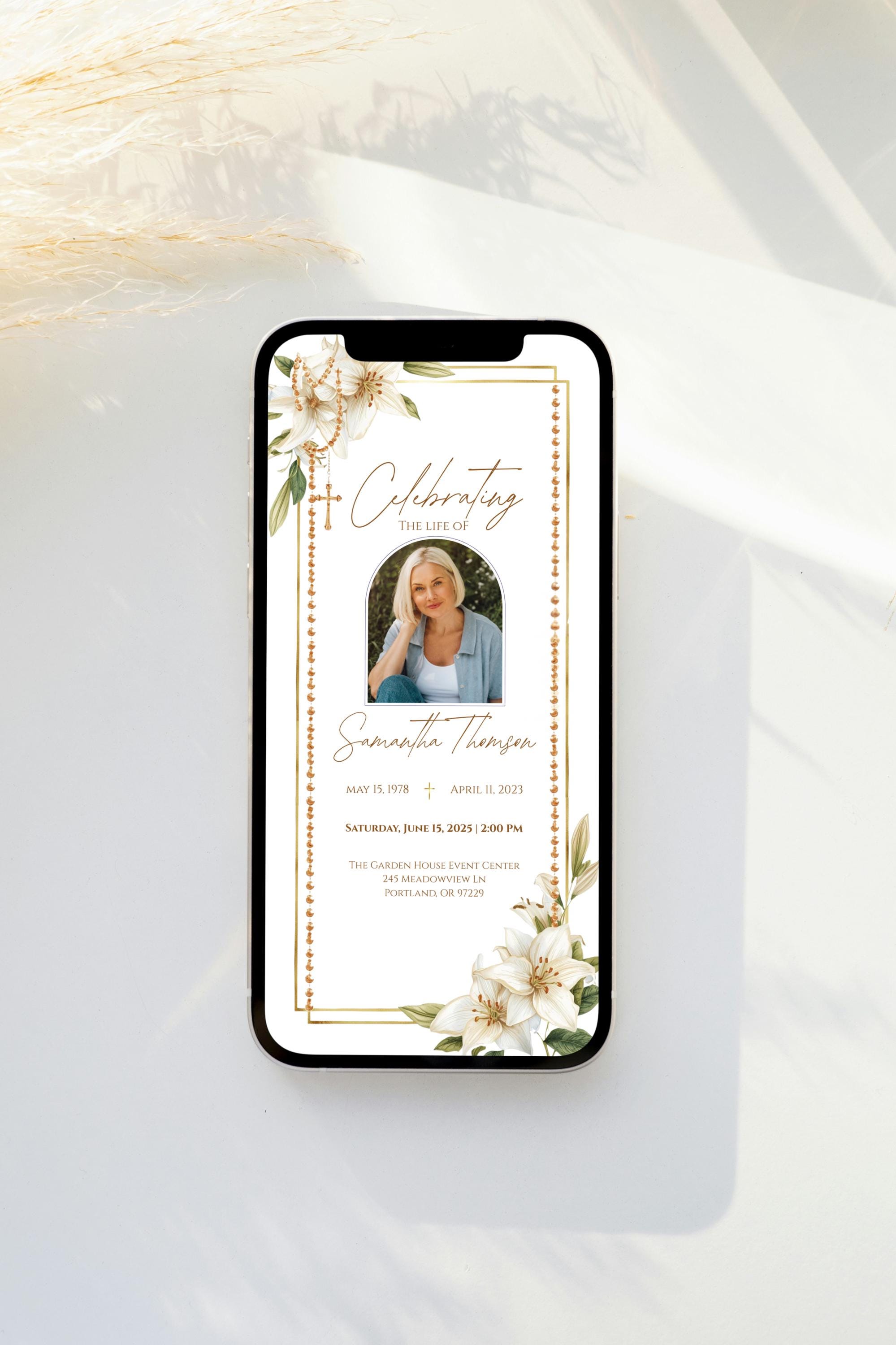 Elegant Lily Memorial Template | Celebration of Life Invitation | White ...