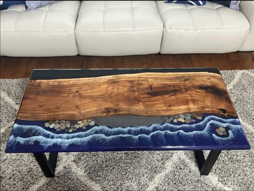 Ocean Wave Epoxy Resin Wooden Coffee Table – Handmade Blue Ocean ...
