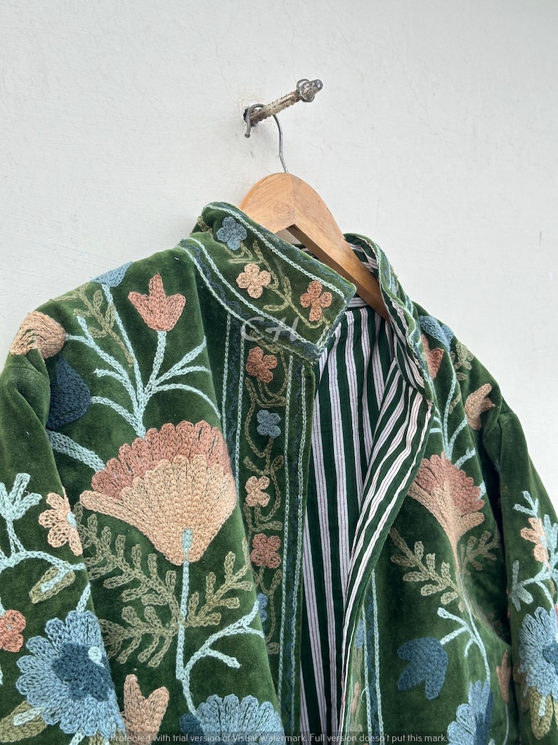 Green Velvet Suzani Embroidered Jacket: Handmade Indian Style Coat - Etsy