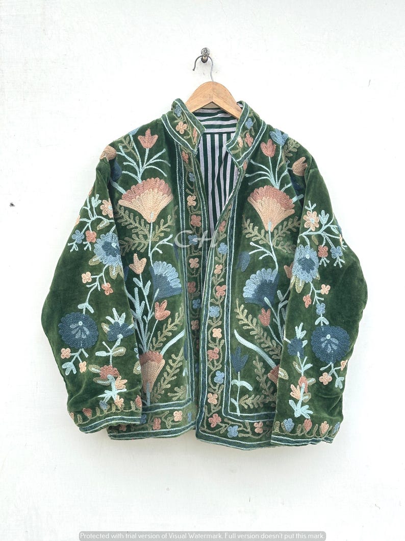 Green Velvet Suzani Embroidered Jacket: Handmade Indian Style Coat - Etsy