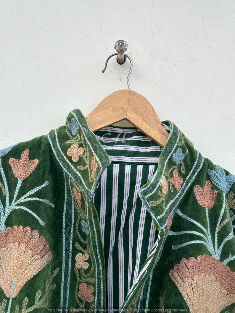 Green Velvet Suzani Embroidered Jacket: Handmade Indian Style Coat - Etsy