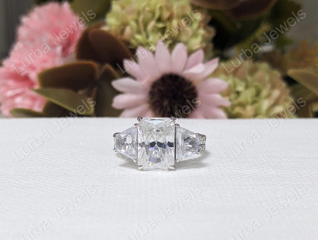 3 Ct Radiant Cut Moissanite Three Stone Engagement & Wedding Ring Set ...