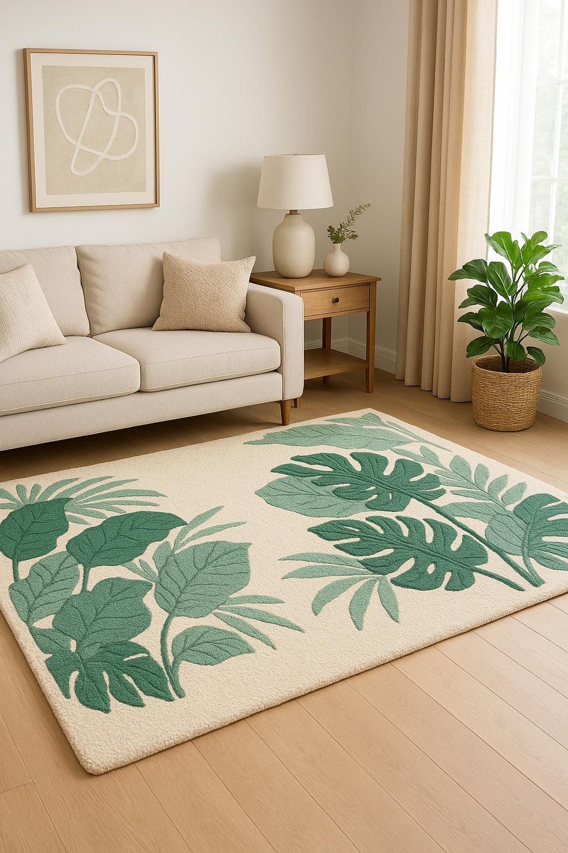 Buy Green Leaf Pattern Rug, Modern Unique Design High Pile Rug, Indian ...