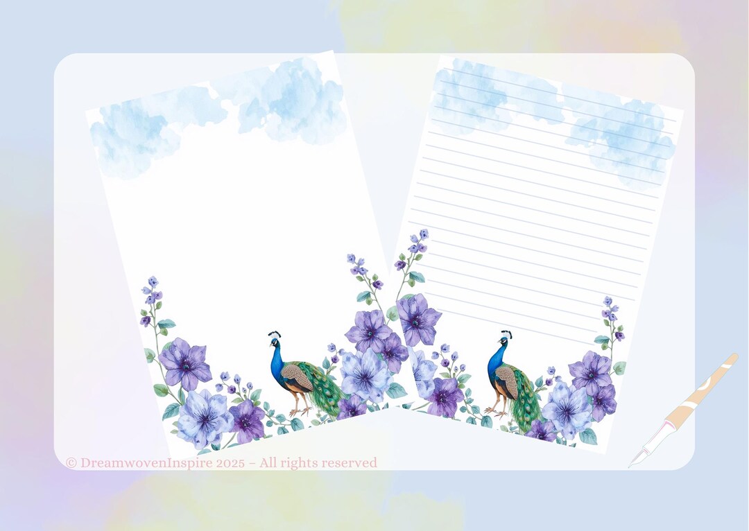 Peacock and Clematis Watercolor Stationery Set - B | 2 Sheets | Elegant ...