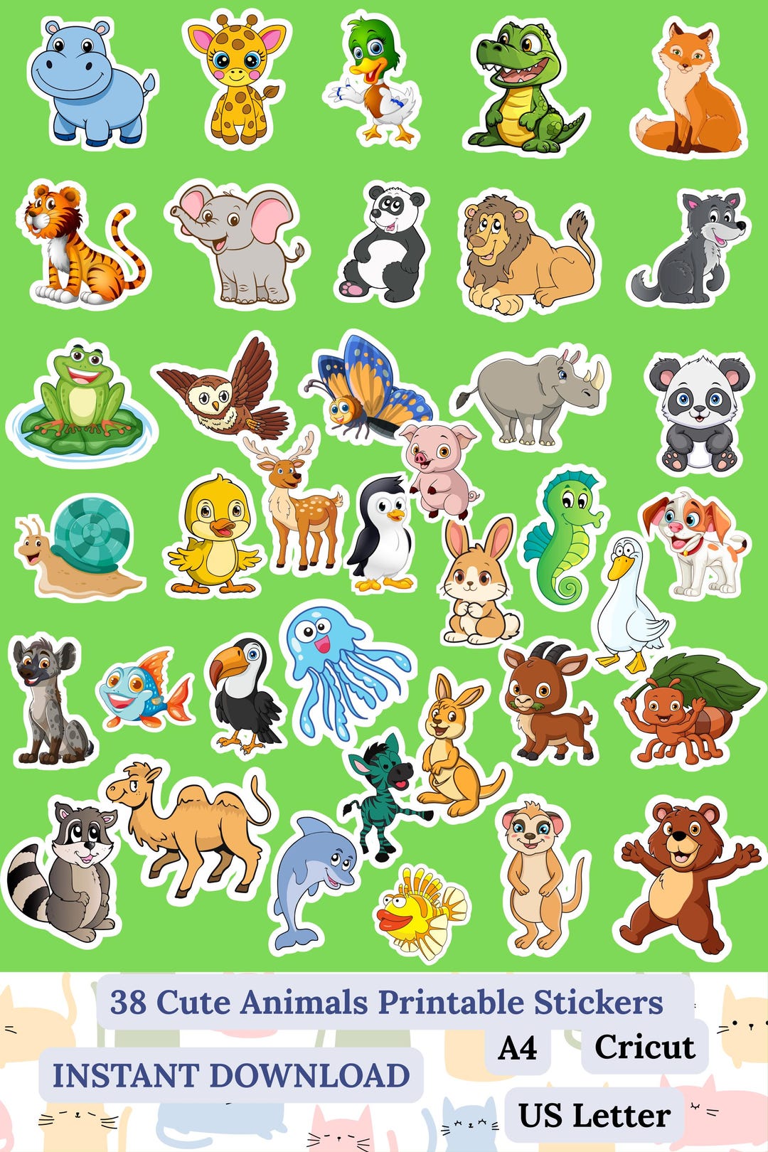 Cute Animals Printable Stickers Sheets A4, US Letter and Cricut PNG ...