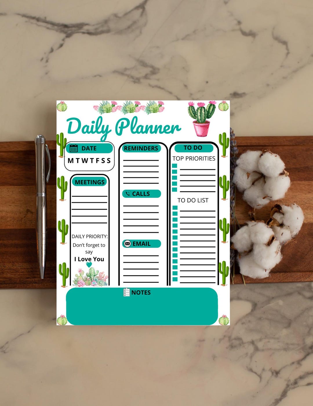 Cactus Daily Planner Printable: Succulent To-do List, Schedule (A4 & US ...