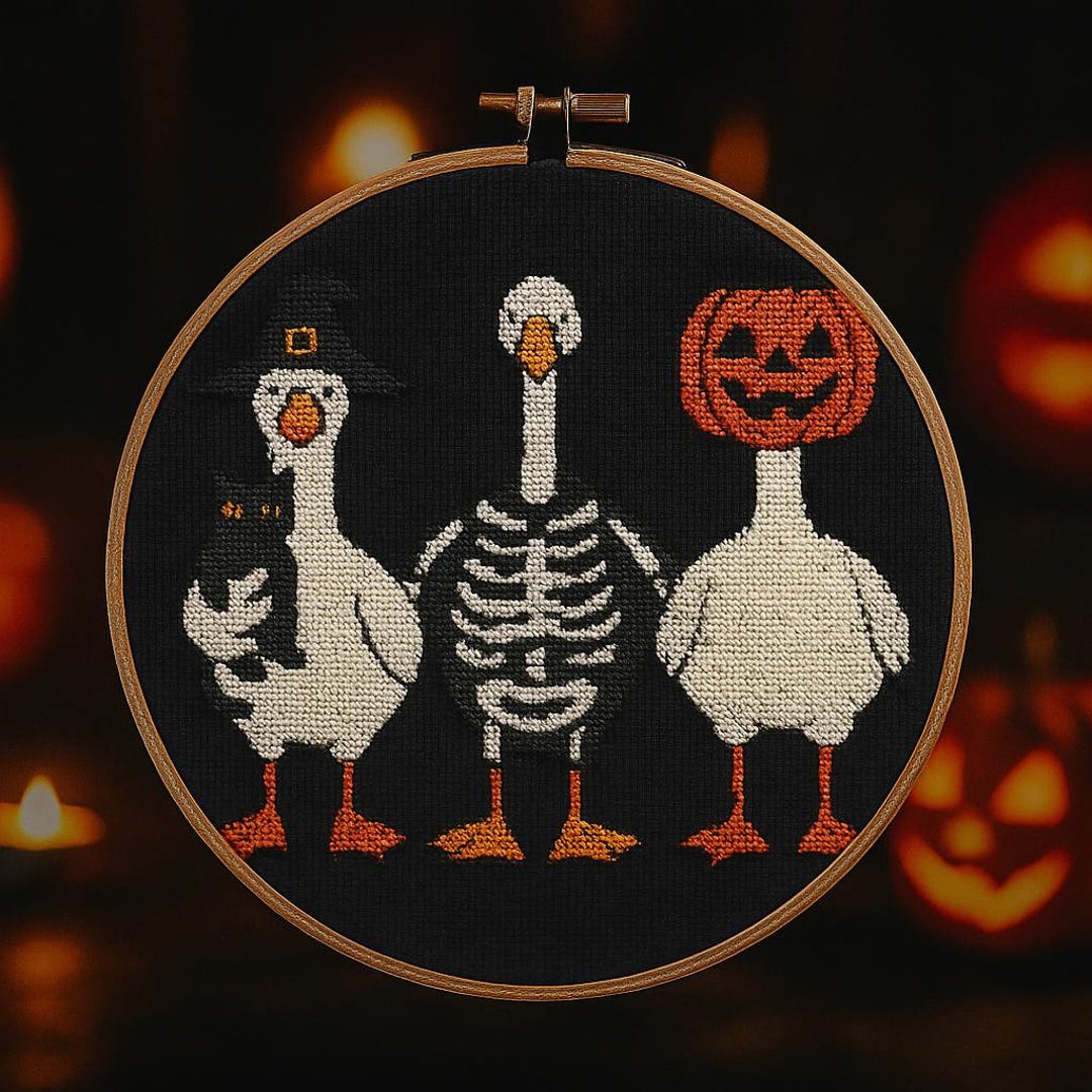 Halloween Goose Cross Stitch Pattern PDF, Skeleton Pumpkin Witch Geese ...