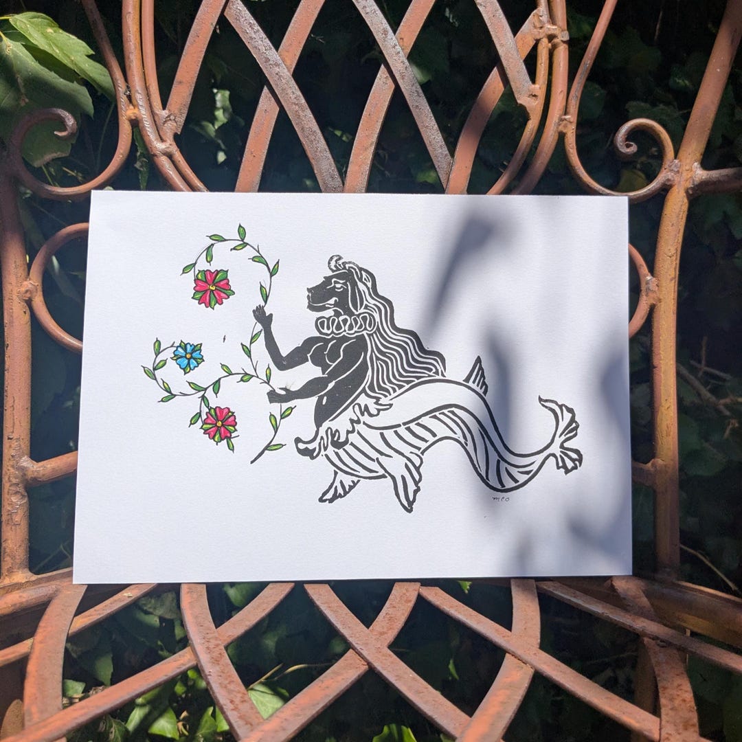 Medieval Marginalia Linocut Print - Mer-dog With Flowers - Etsy