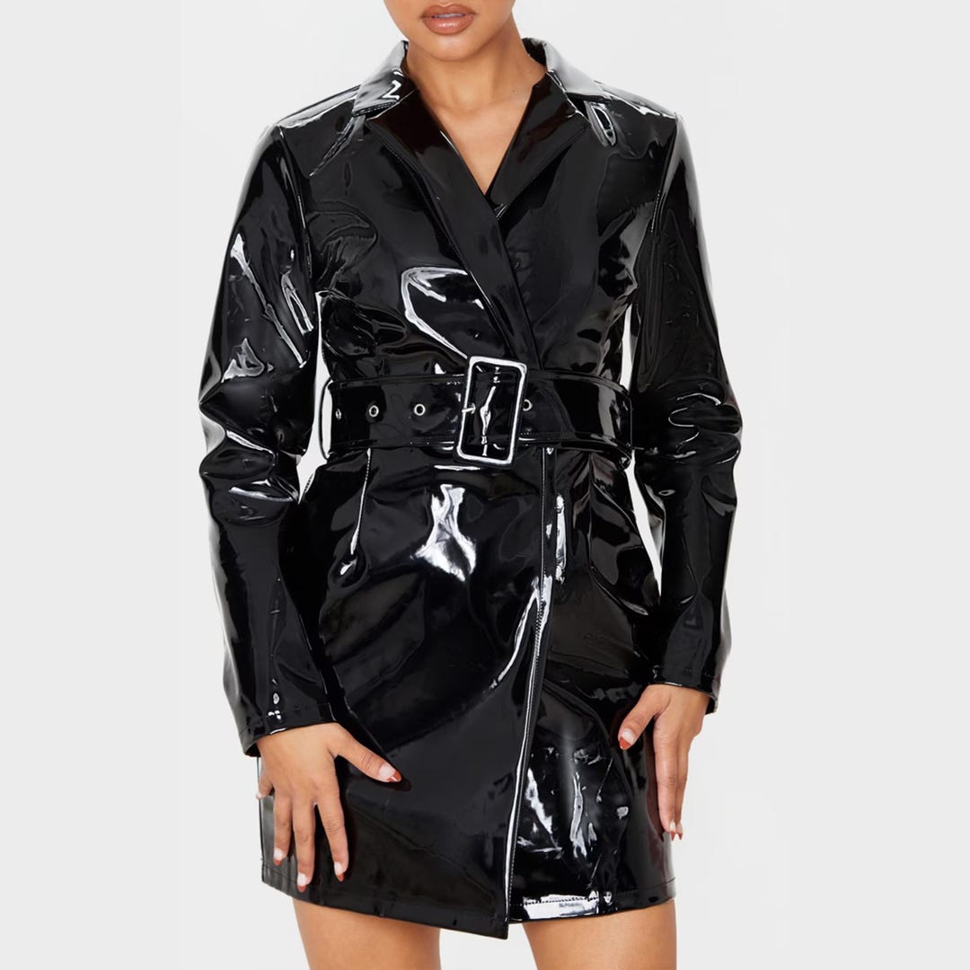 Black Patent Vinyl Belted Trench Coat - Glossy PVC Outerwear - Etsy