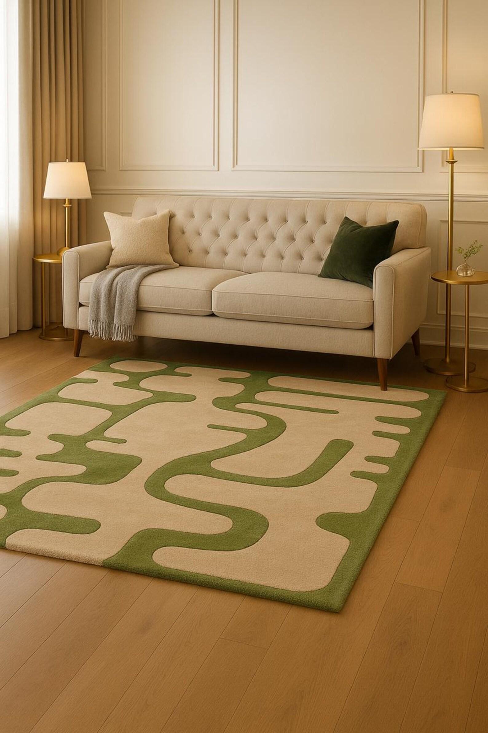 Green Abstract Rug | Hand Tufted Area Carpet | Modern Living Room Decor ...