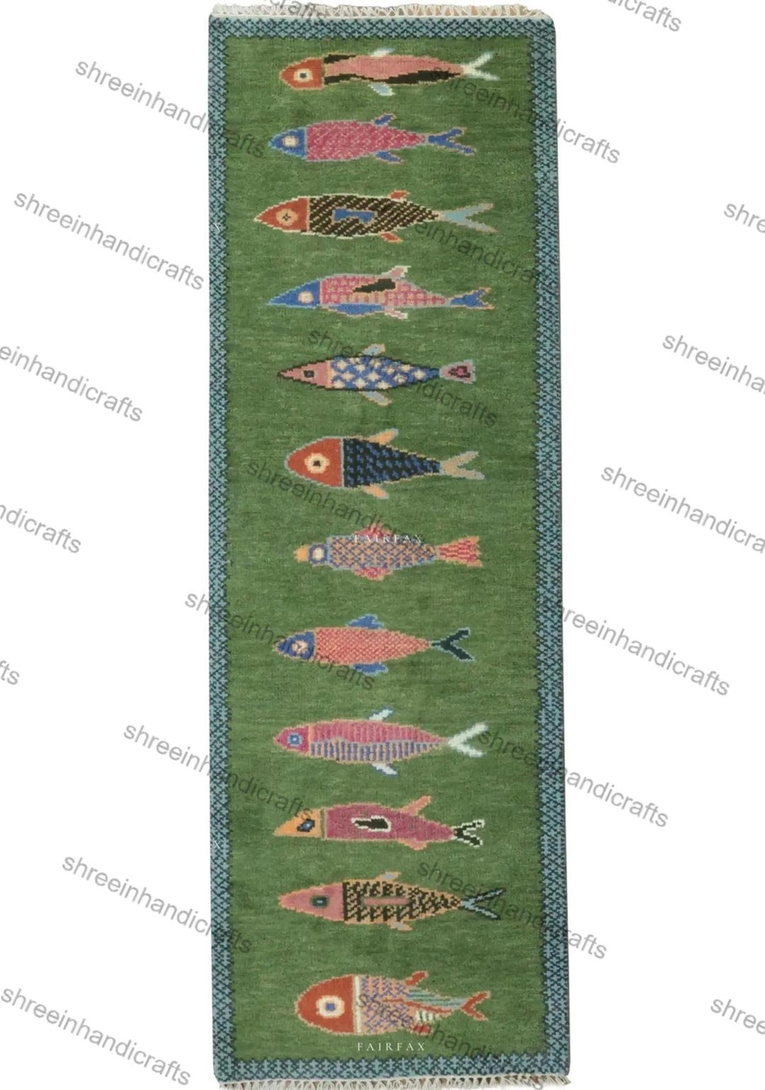 Koi Fish Runner Rug: Green Colorful Carpet Handmade Wool Area Rugs - Etsy