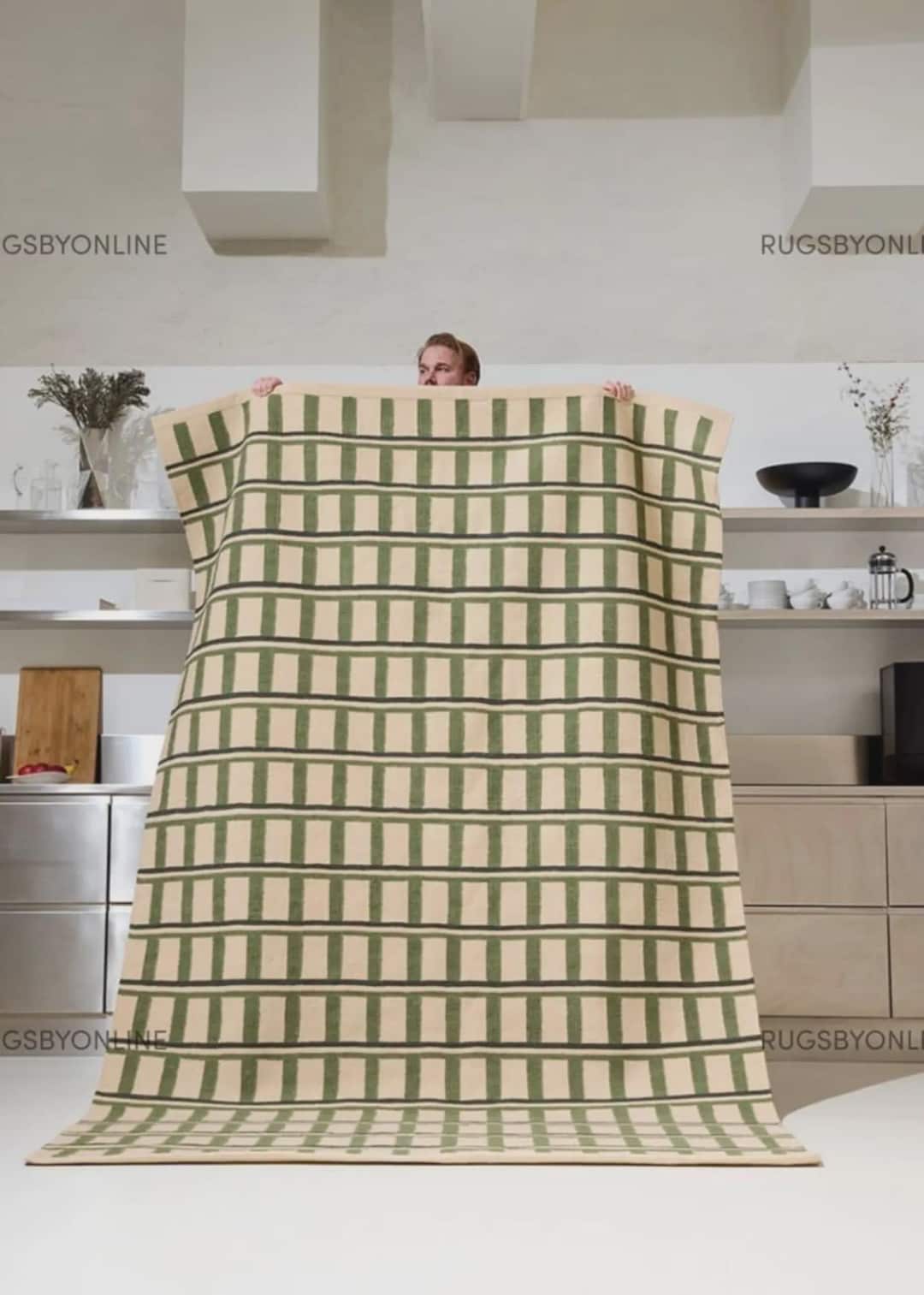 Handwoven Wool Rug: Sage Green Grid, Modern Farmhouse Style Rugs - Etsy