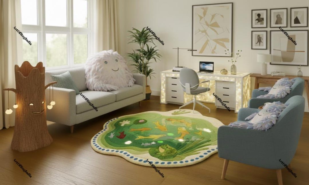 Koi Fish Pond Rug, Hand Tufted 3D Lily Pad Carpet, Irregular Shape Wool ...