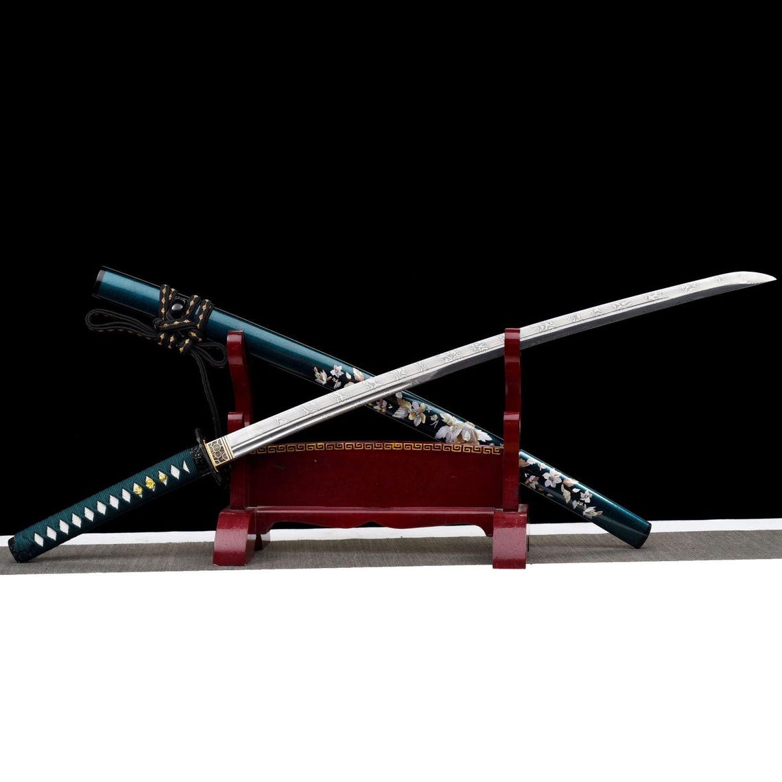 Hand-forged Damascus Katana: Shell Inlay Saya, Display Samurai Sword - Etsy