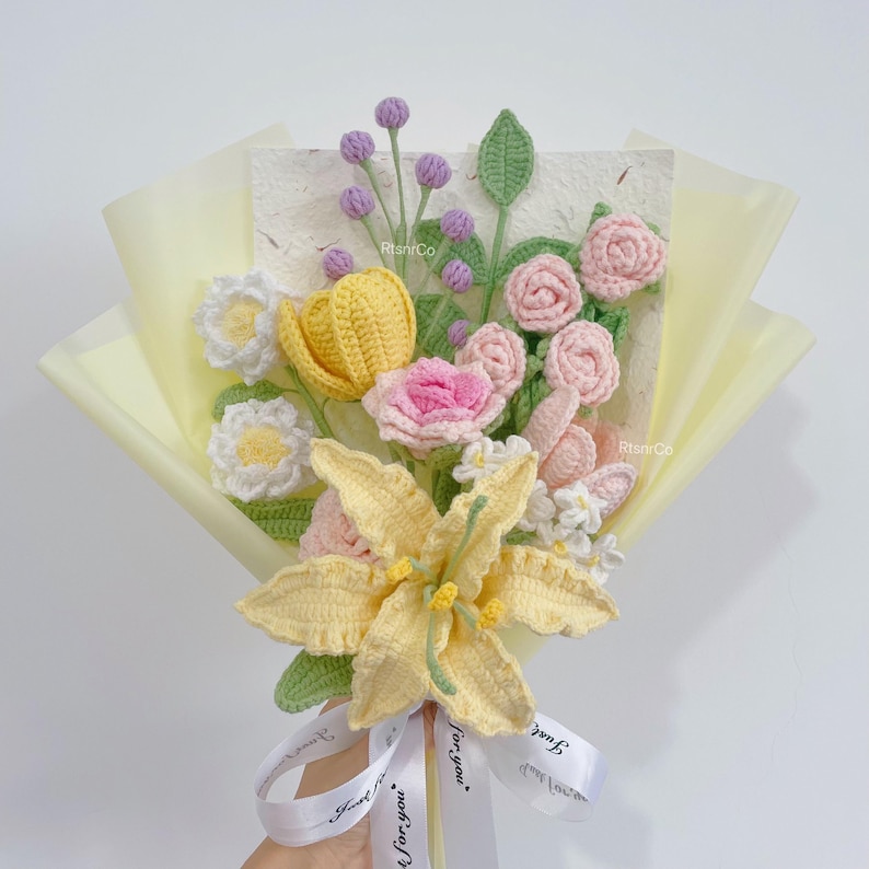 Crochet Pink Lily Flowers Bouquet,knit Rose,tulip,lily of the Valley ...