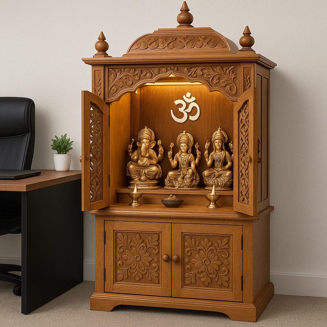 Wooden Office Temple With OM Symbol Storage Cabinet – Handcrafted Brown ...