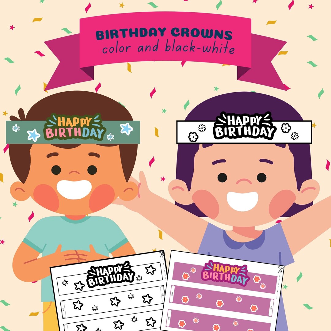 Printable Birthday Crowns, Kids Coloring Party Hats (digital Download ...