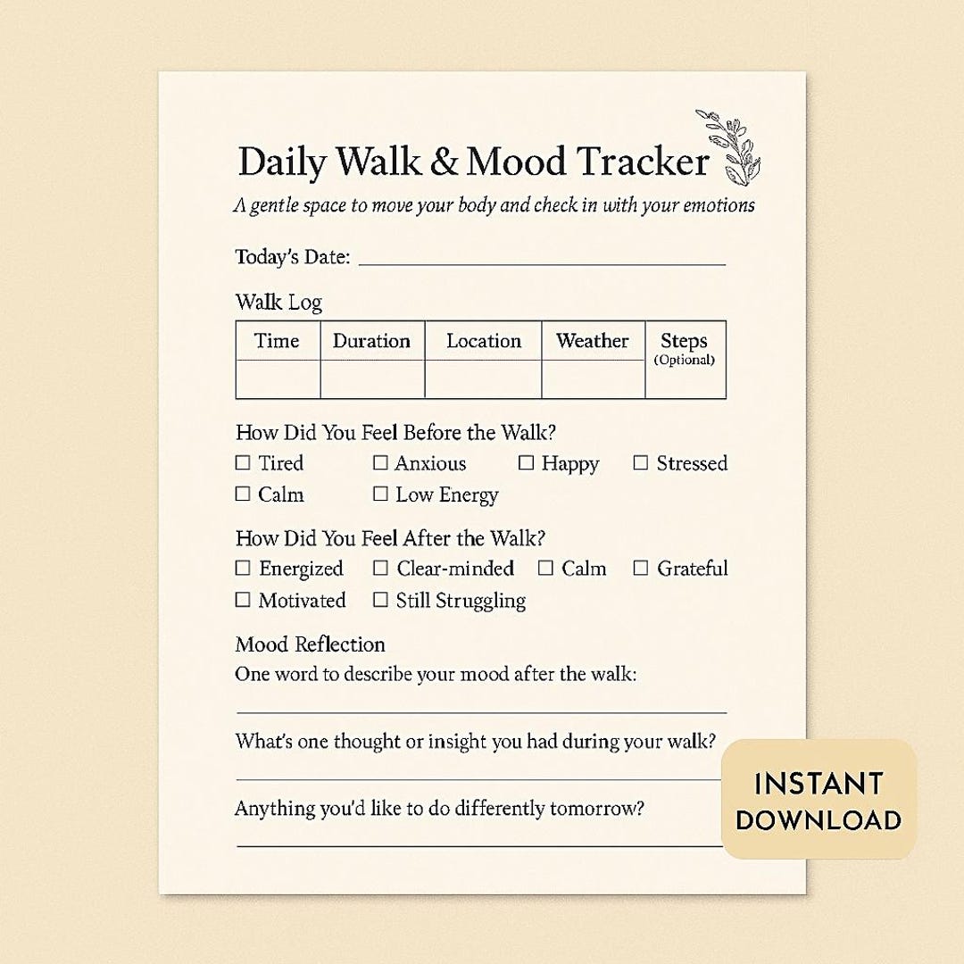 Daily Walk & Mood Tracker Printable – Mindful Walking Log, Mental ...