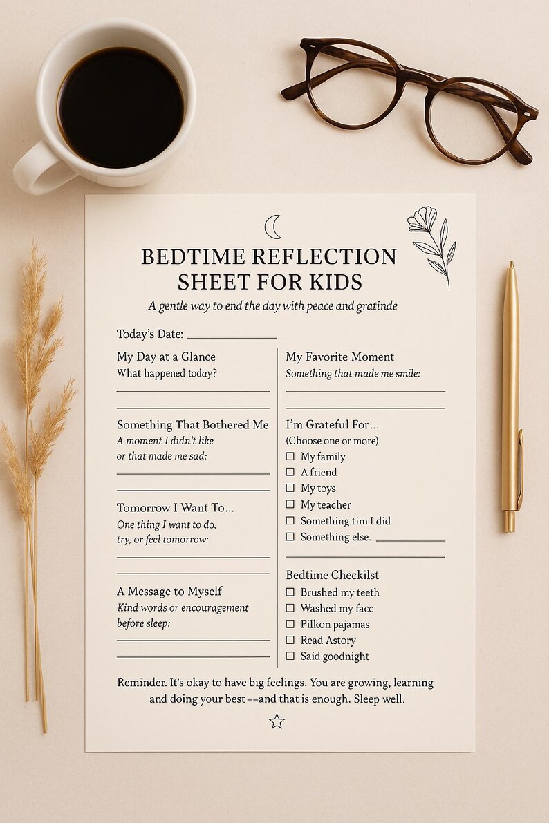 Calm Bedtime Reflection Sheet for Kids | Printable Gratitude Journal ...