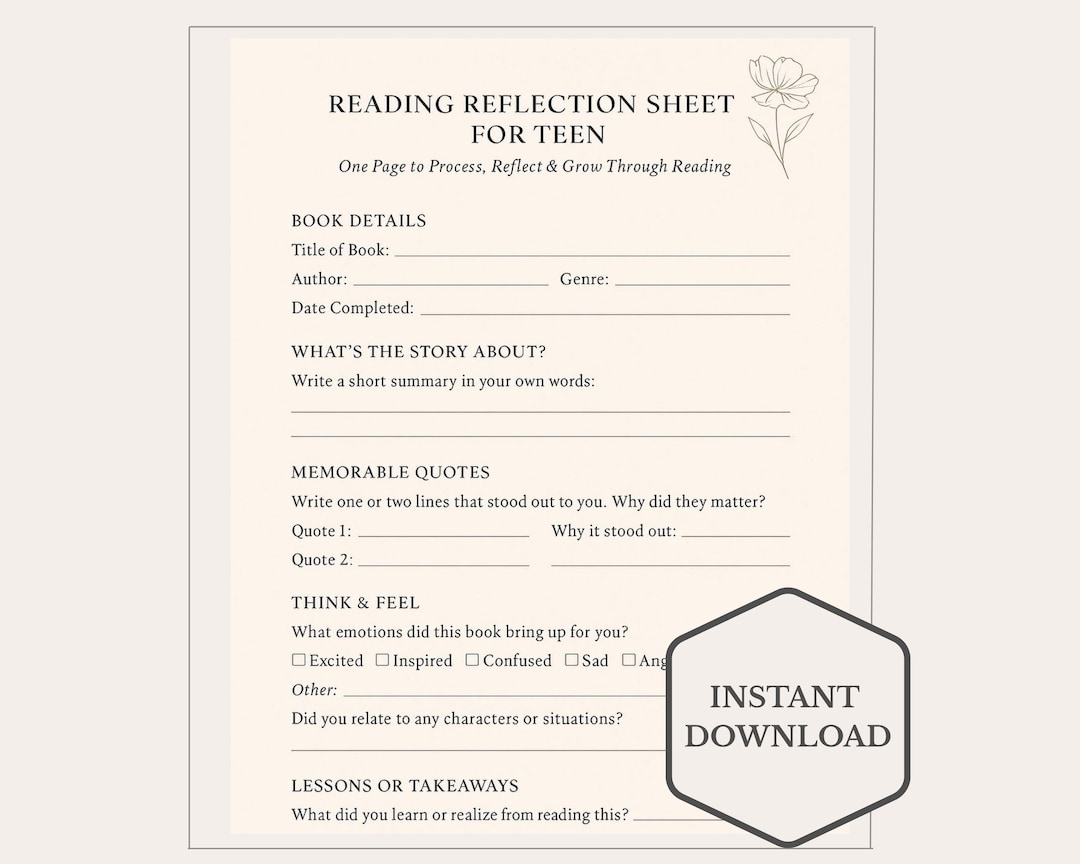 Reading Reflection Sheet for Teen | Printable Book Journal PDF ...