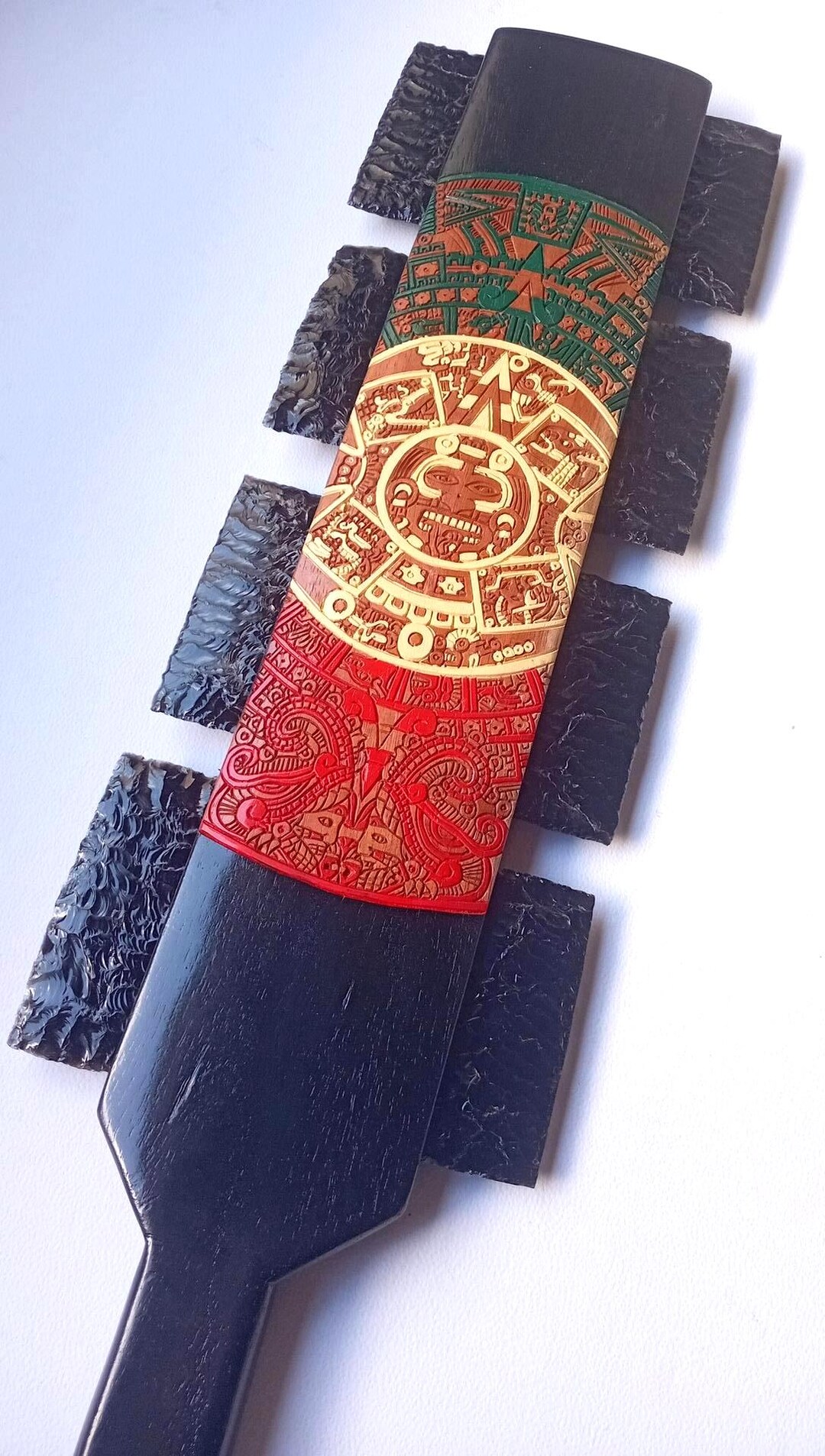 Mexican Flag Colors Aztec Calendar Mexica Weapon in Cedar With Sharp ...