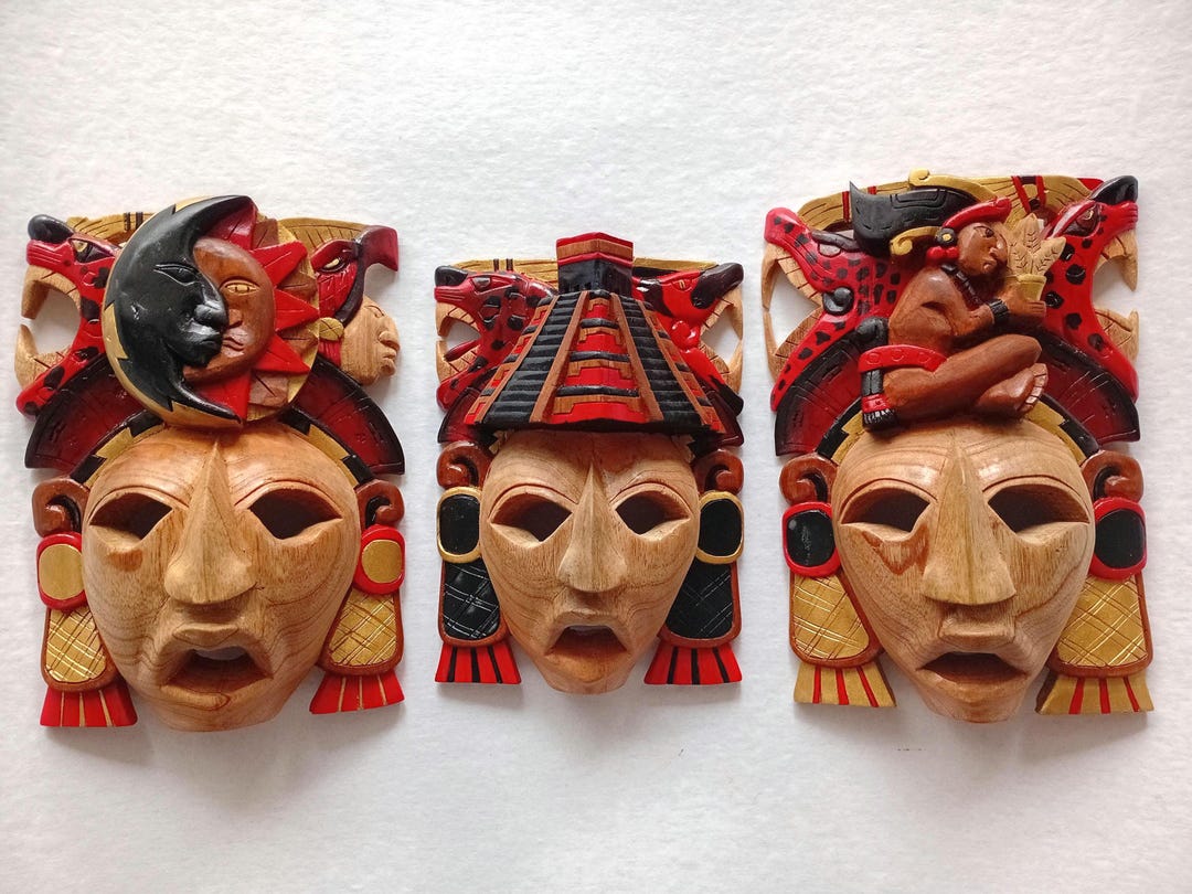 Red Maya Warrior Mask Set of Three in Cedar - Etsy