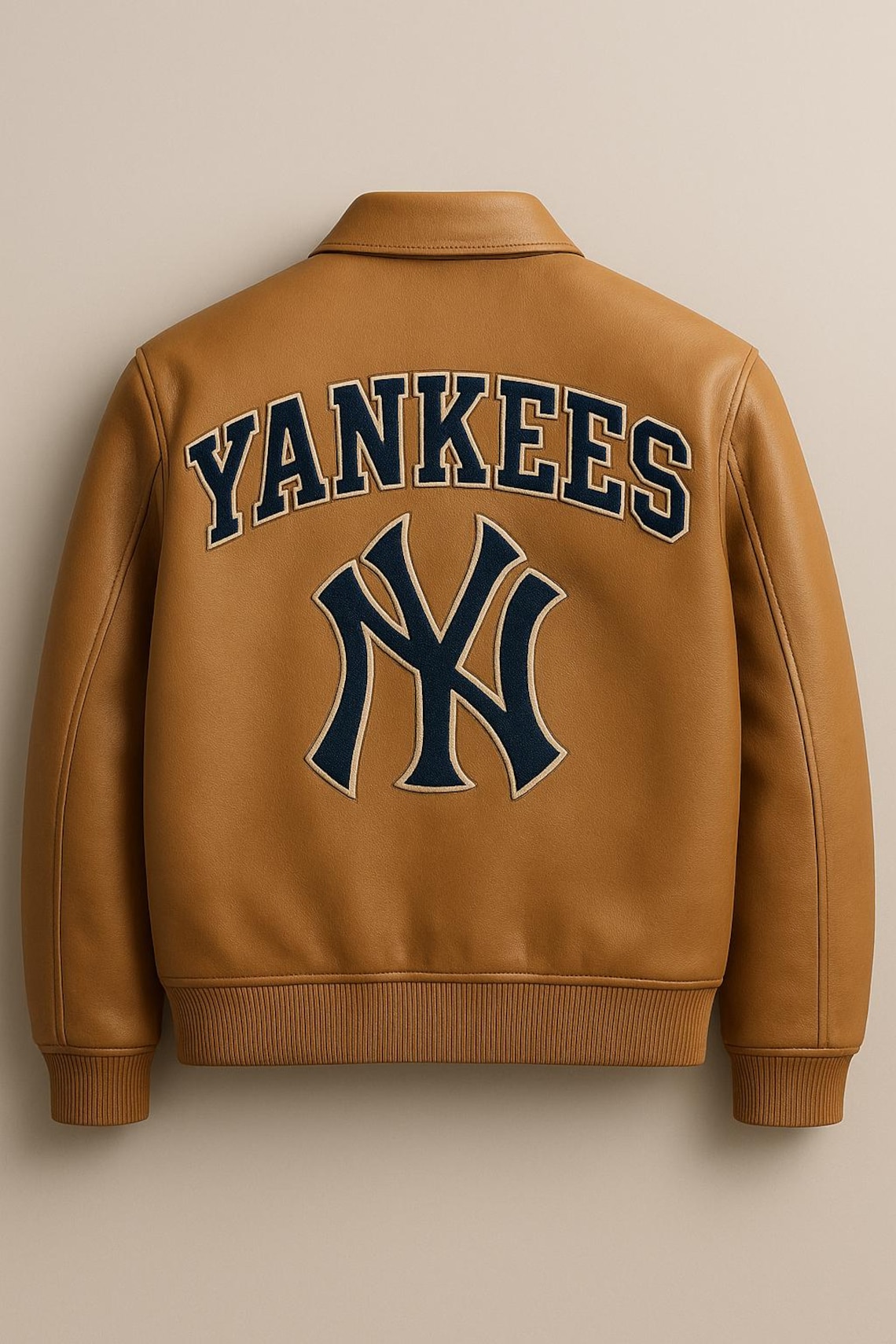 Tan Yankees Leather Jacket | NY Bomber Coat With Zipper & Dress Collar ...