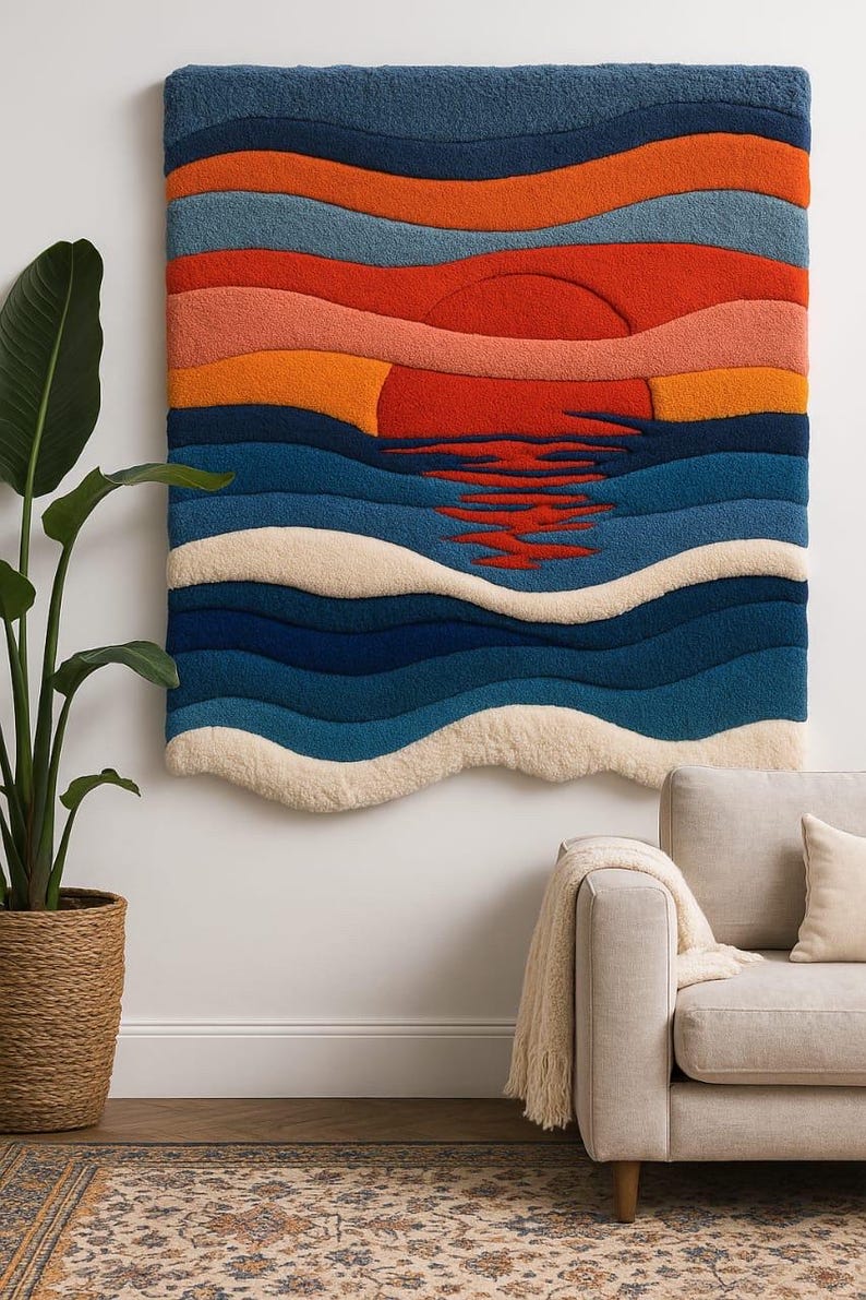 Hand Tufted Wool Wall Rug | Sunset Beach Tapestry, Coastal Decor - Etsy