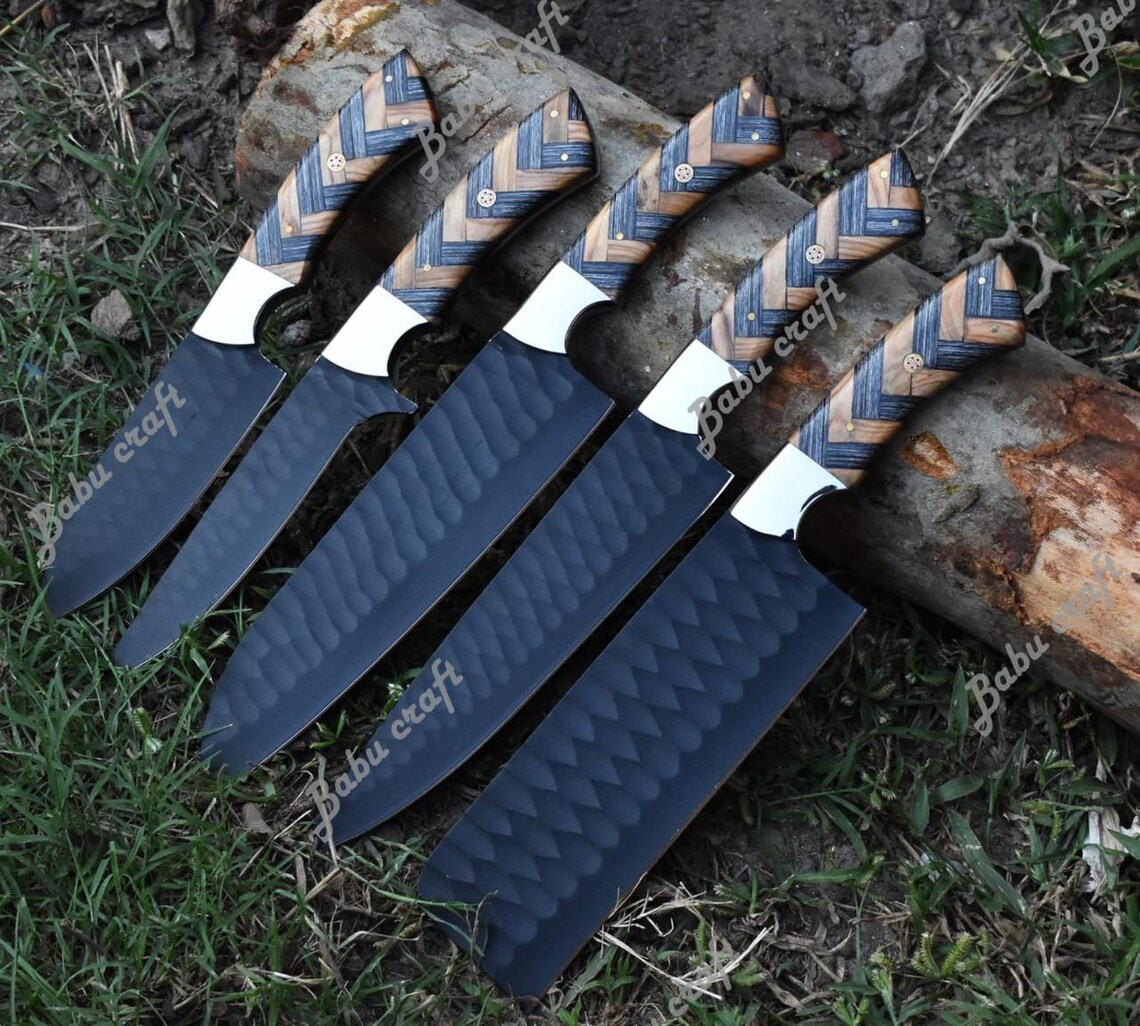 Hand-forged Damascus Steel Kitchen Knife Set: Exotic Wood Handles, 5 ...