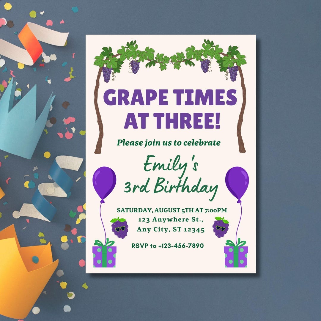 Kids Birthday Invitation Fruit Themed Birthday Grape Times at Three ...