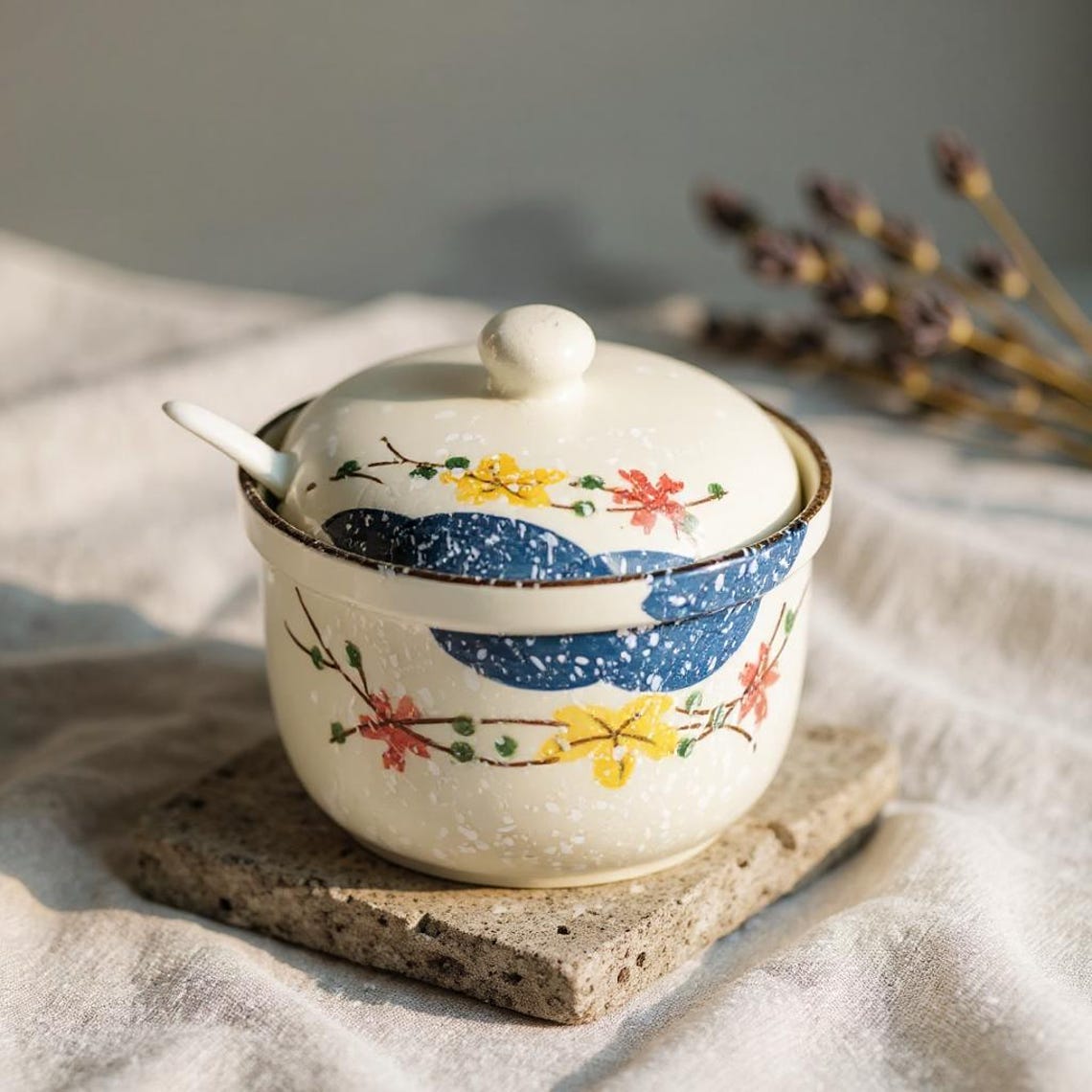 Japanese Ceramic Spice Jar With Lid and Spoon | Blue Splatter Floral ...