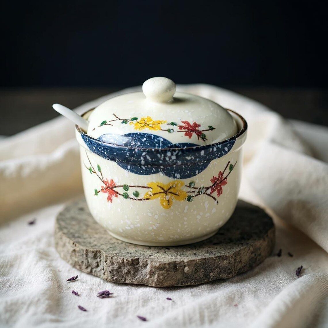 Japanese Ceramic Spice Jar With Lid and Spoon | Blue Splatter Floral ...