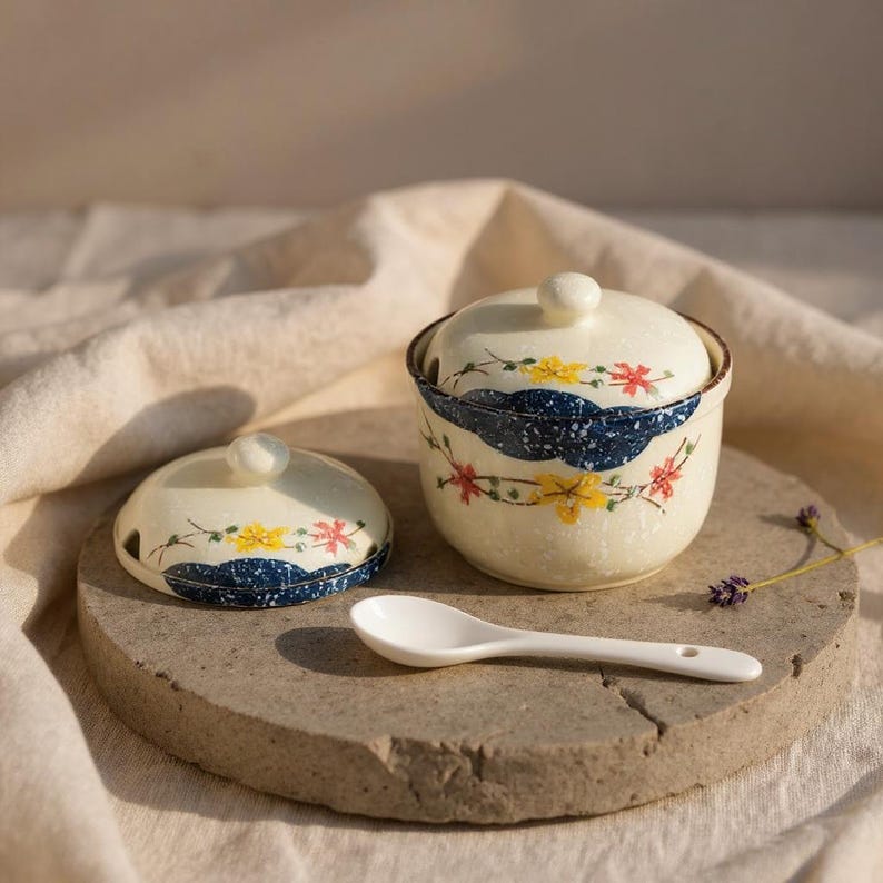 Japanese Ceramic Spice Jar With Lid and Spoon | Blue Splatter Floral ...