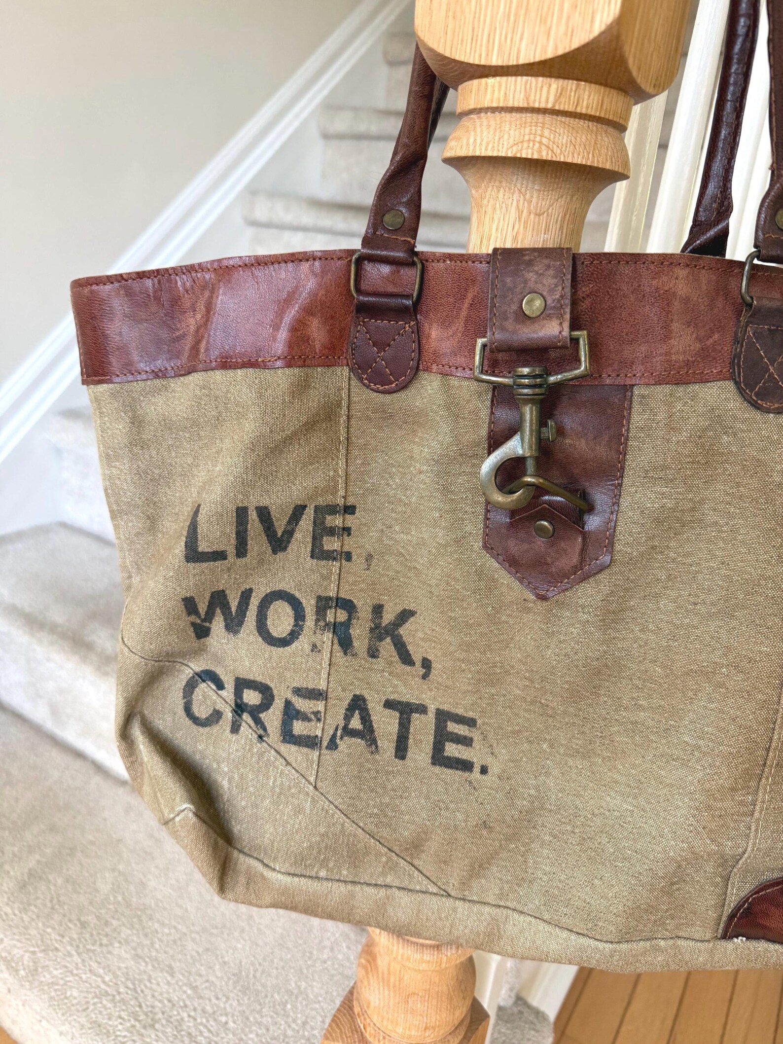 Mona B Upcycled Canvas Tote Bag: Leather Handles, Stamped Design - Etsy