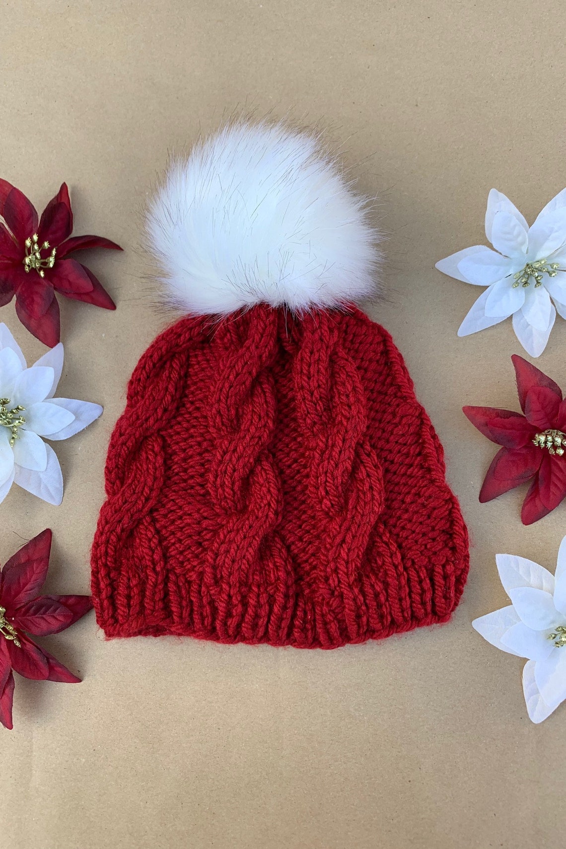 Red Cable Knit Fur Pom Pom Winter Hat Detachable Faux Fur - Etsy