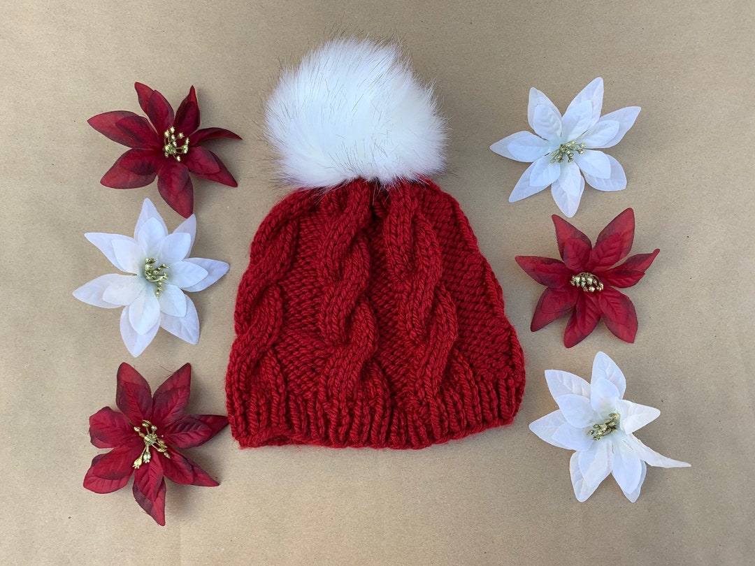 Red Cable Knit Fur Pom Pom Winter Hat - Detachable Faux Fur Pom Pom ...
