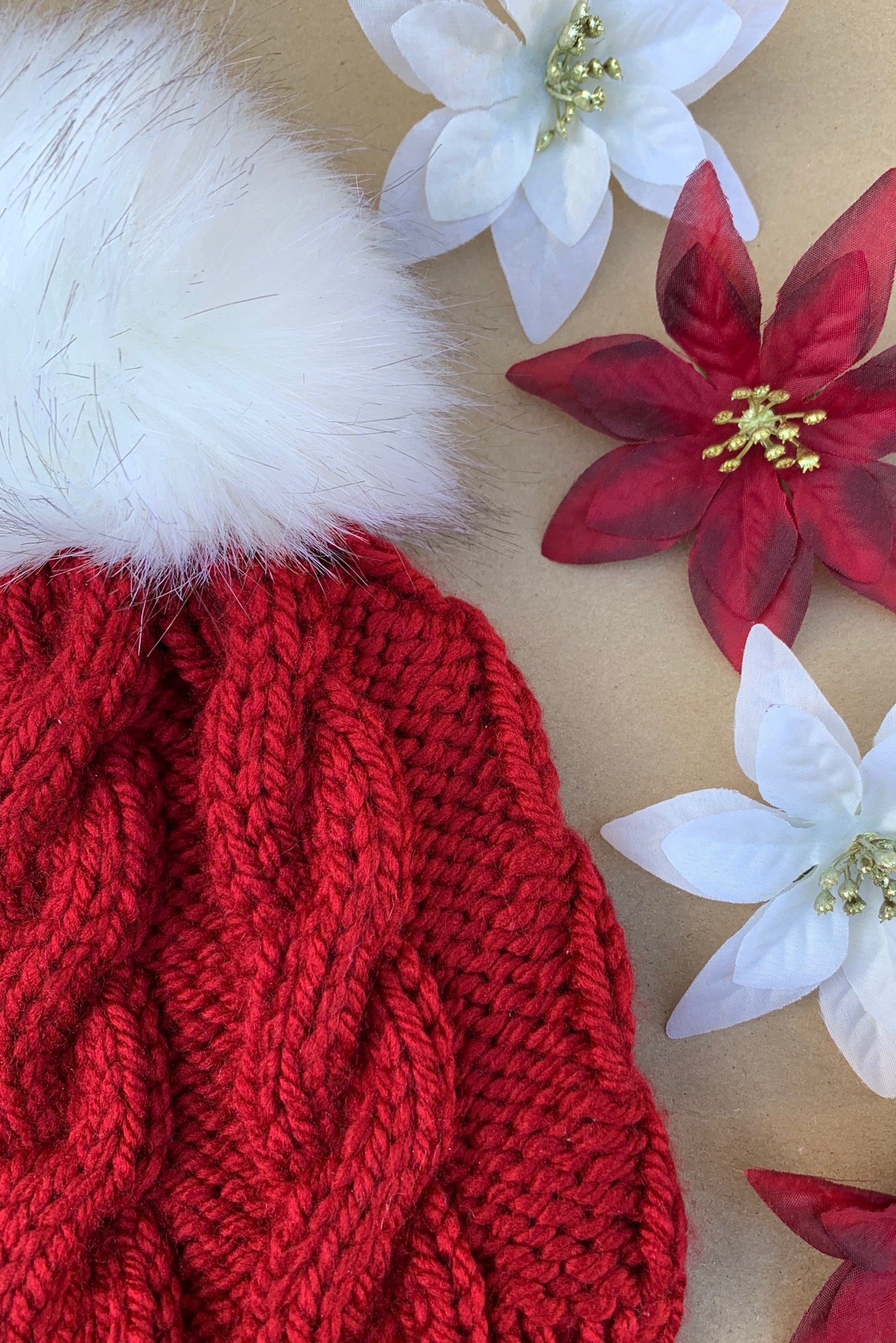 Red Cable Knit Fur Pom Pom Winter Hat Detachable Faux Fur - Etsy