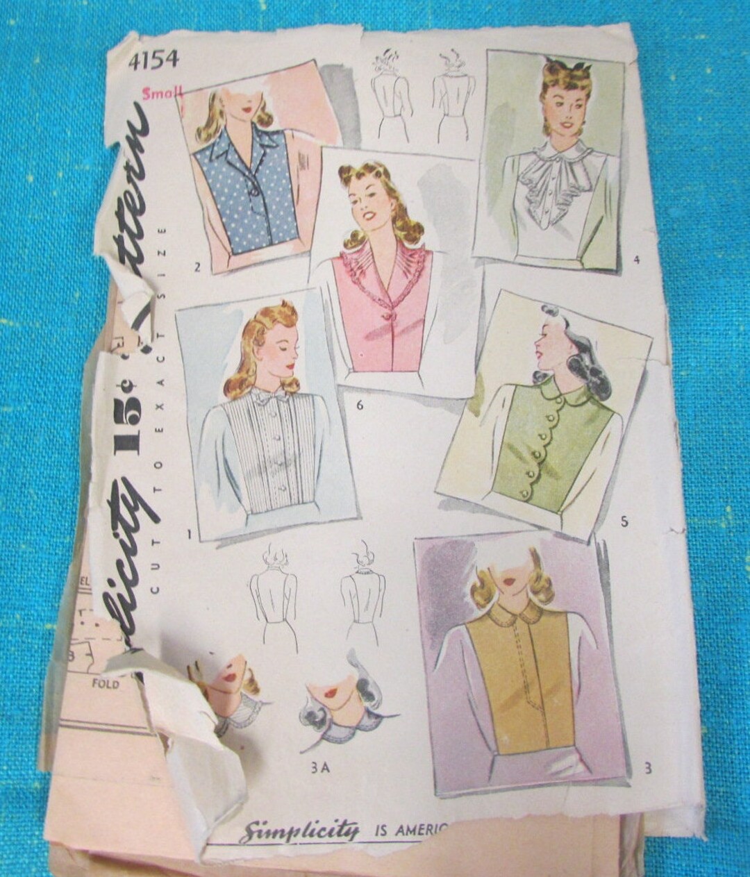 1940s Simplicity Sewing Pattern 4154 Misses Notched Collar Dickey Set ...