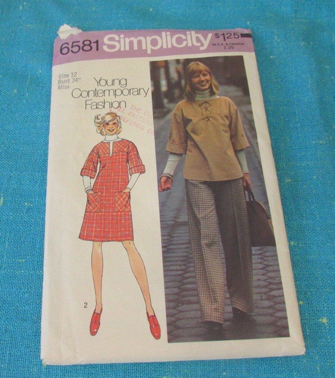1974 Simplicity Sewing Pattern 6581 Misses Short Jumper Tunic Dress or ...
