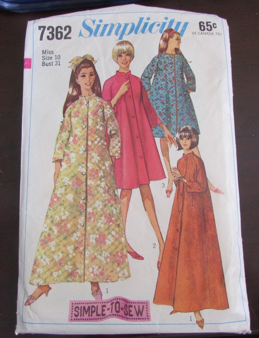 RARE 1967 Simplicity Sewing Pattern 7362 Misses Button Front Robe in 2 ...