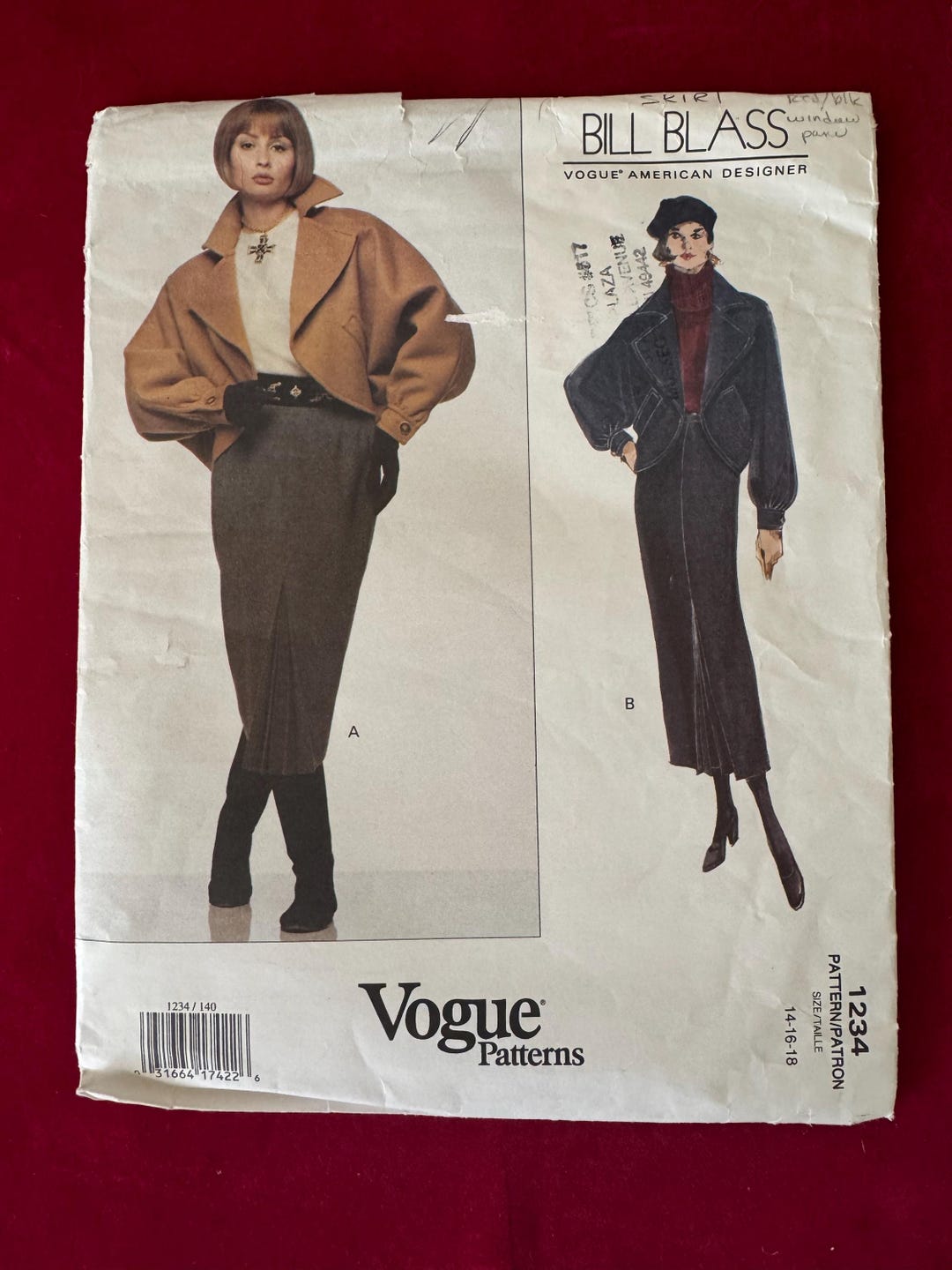 1993 Vogue Sewing Pattern 1234 BILL BLASS Curved Hem Modern Crop Jacket ...