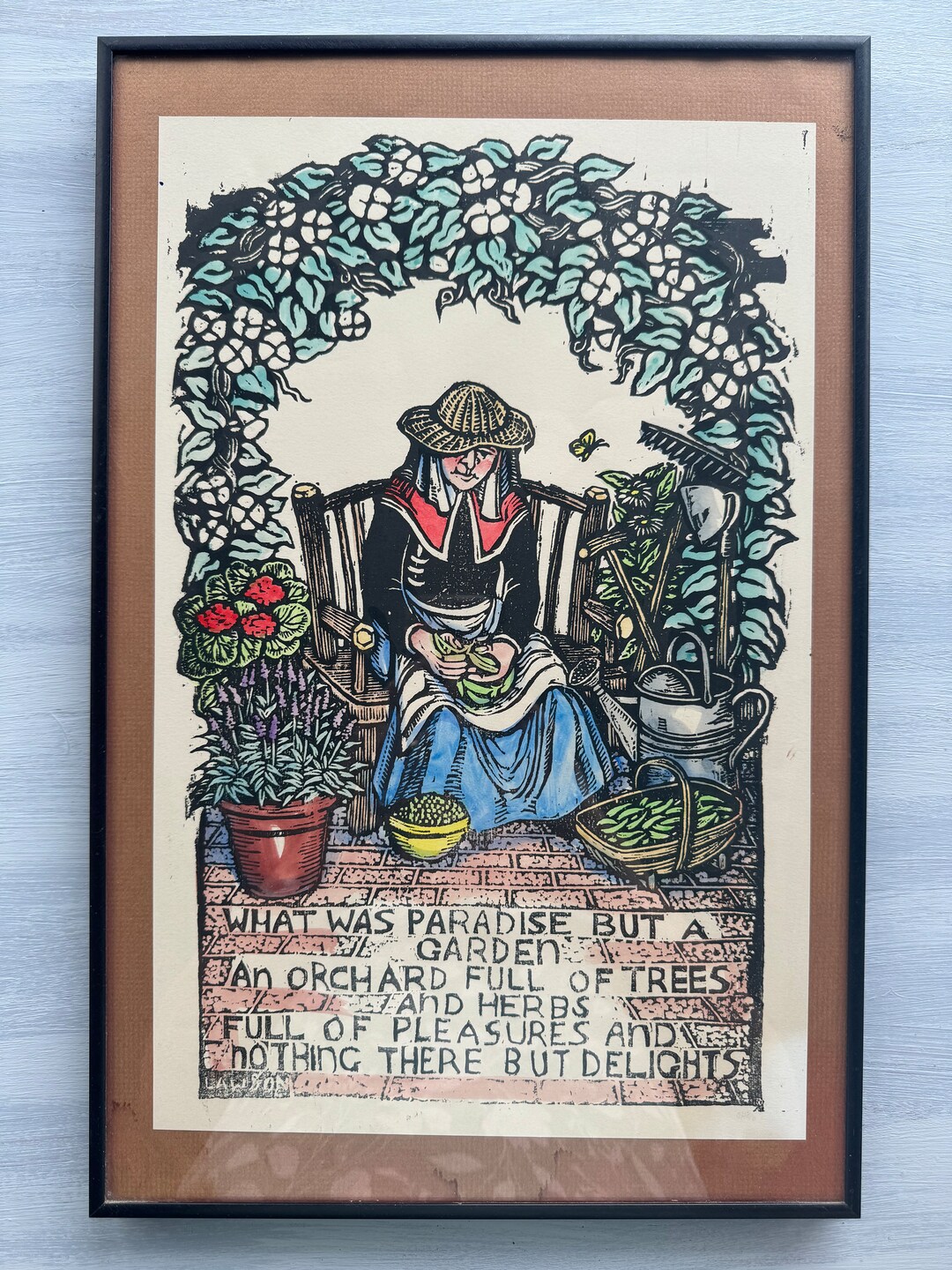 Framed Medieval Manuscript Folk Woodcut Garden Print Signed Lawson ...