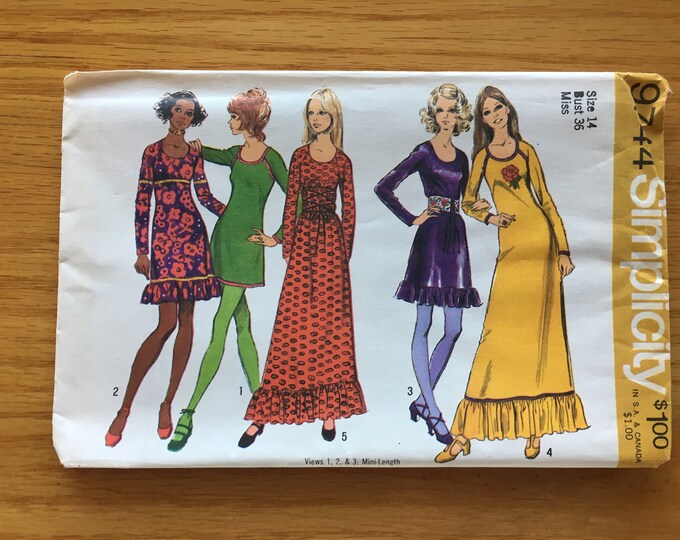 RARE 1971 Simplicity Sewing Pattern 9744 Misses Boho Scoop Neck Long or ...