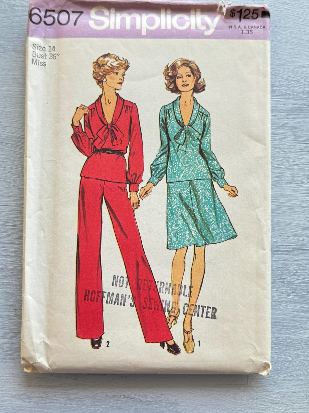 1974 Simplicity Sewing Pattern 6507 Misses V Neck Bow Front Top, Skirt ...