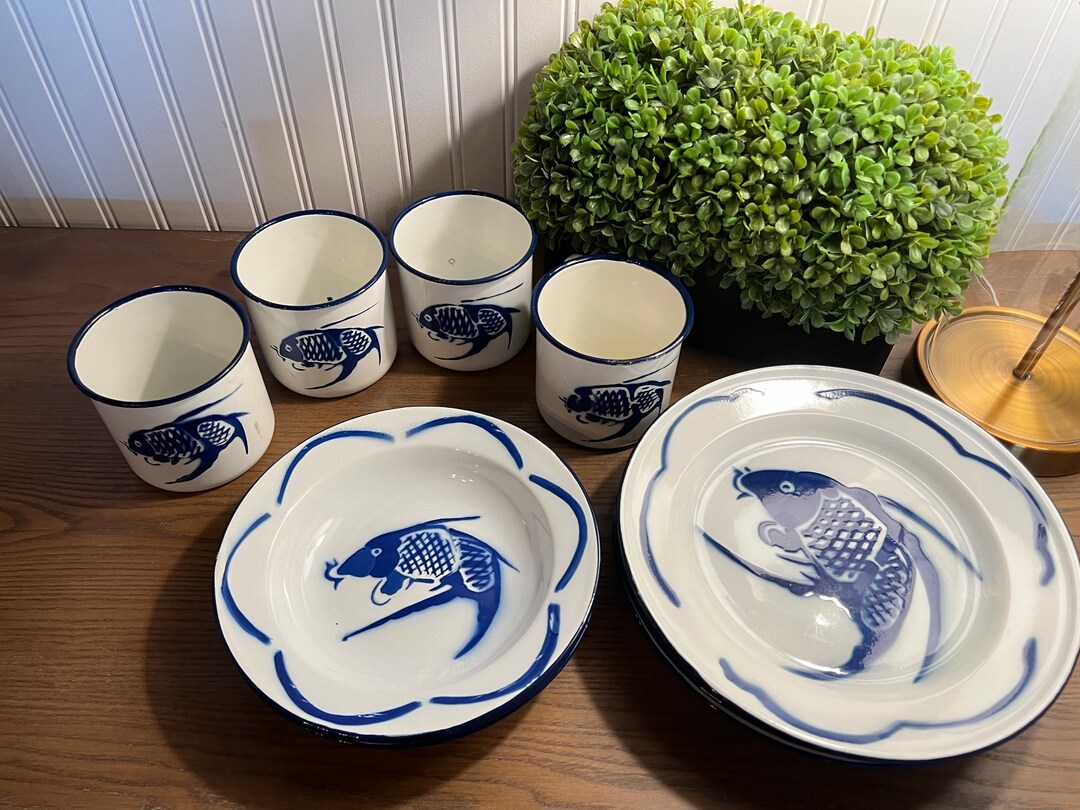 Vintage Blue & White Koi Fish Enamelware Set of 4 3 Pc Place Settings ...