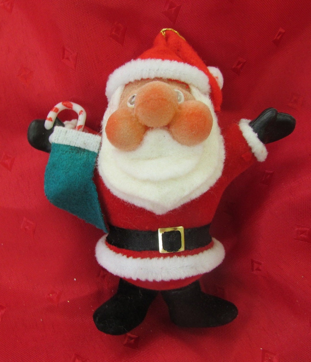 Vintage Plastic Flocked Felt Fat Cheeks Santa Holding Stocking ...