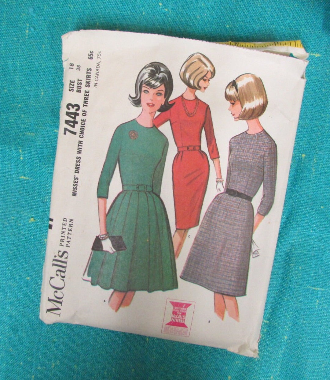 RARE 1964 Mccall's Sewing Pattern 7443 Misses Classic Retro Dress Slim ...