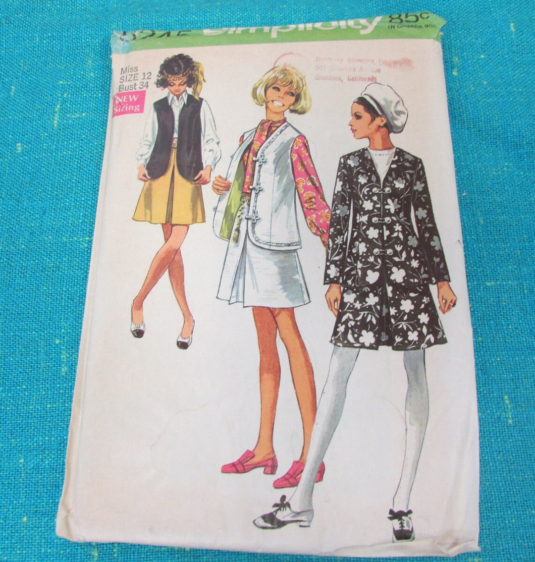 1969 Simplicity Sewing Pattern 8245 A-line Skirt, Lined Jacket, or Vest ...